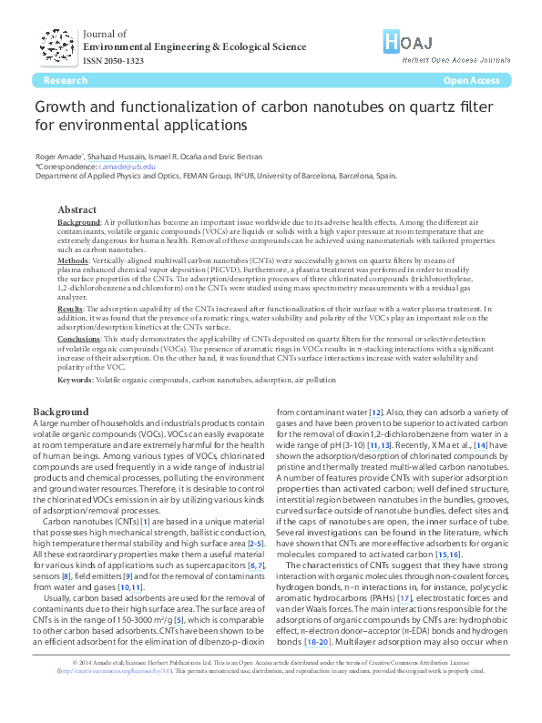 (PDF) Growth and functionalization of carbon nanotubes on quartz filterfor environmental ...