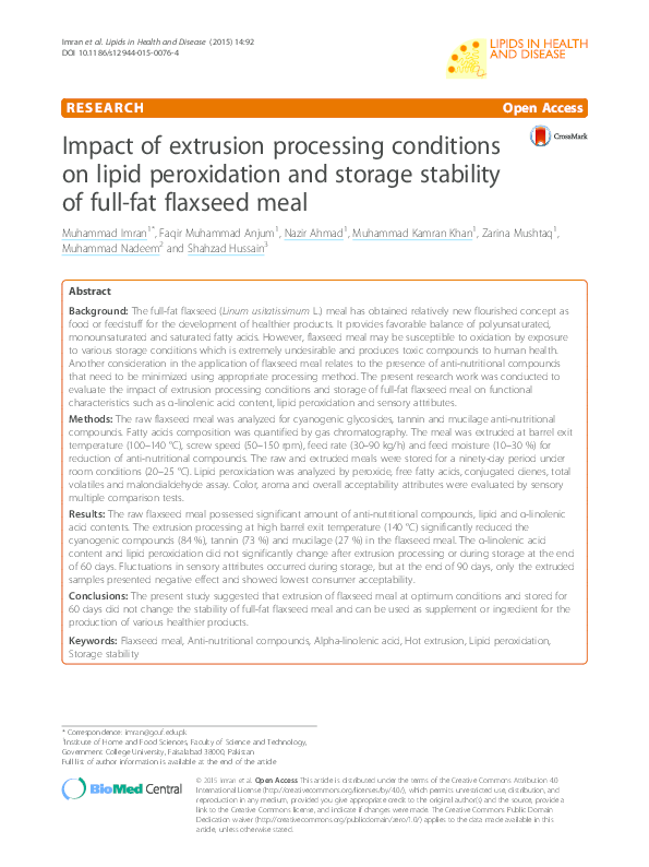 (PDF) Impact of extrusion processing conditions on lipid peroxidation ...