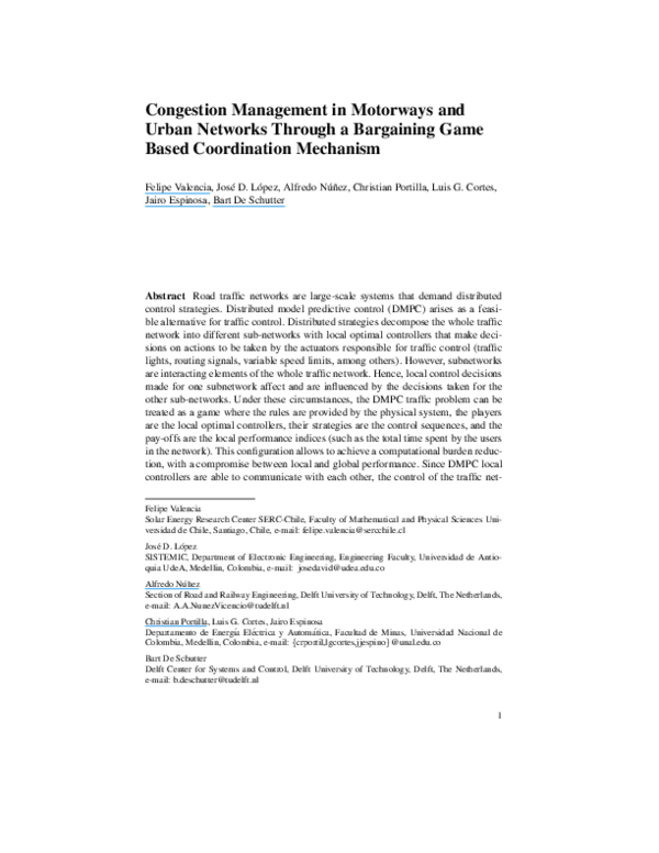 (PDF) Congestion Management in Motorways and Urban Networks Through a Bargaining-Game-Based ...