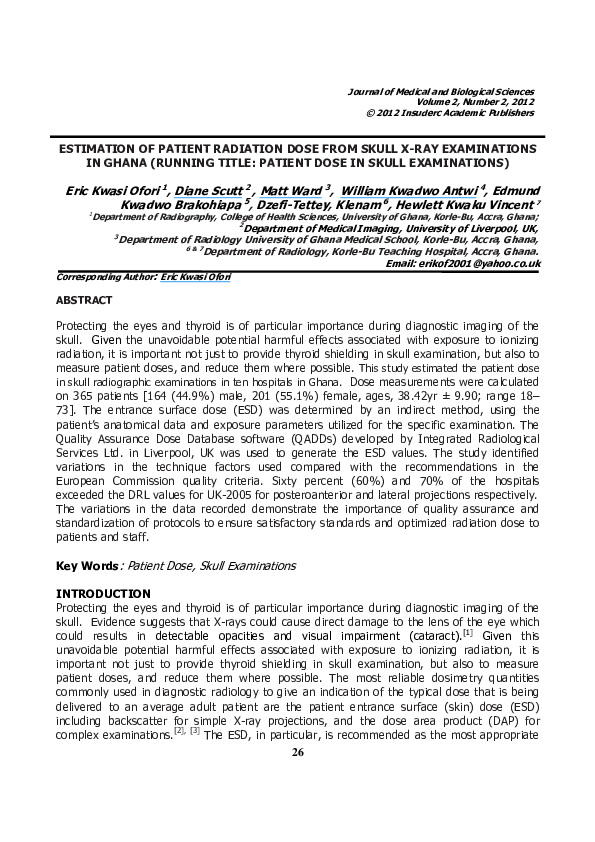 (PDF) Estimation of Patient Radiation Dose from Skull X-Ray Examinations in Ghana (Running Title ...