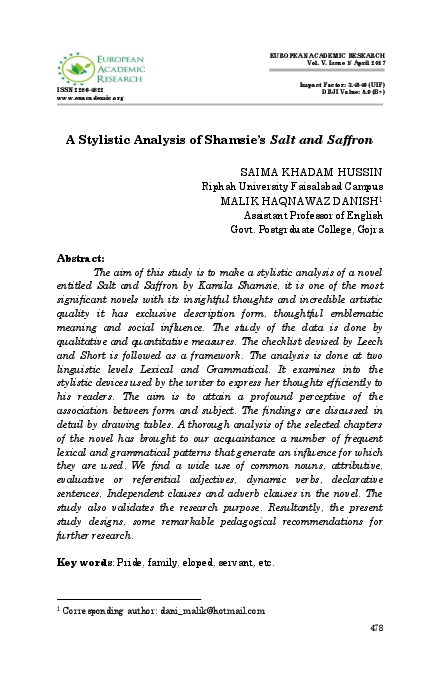 (PDF) A Stylistic Analysis of Shamsie's Salt and Saffron