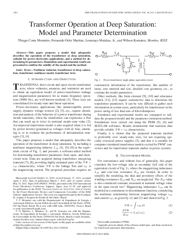 Pdf Transformer Operation At Deep Saturation Model And Parameter