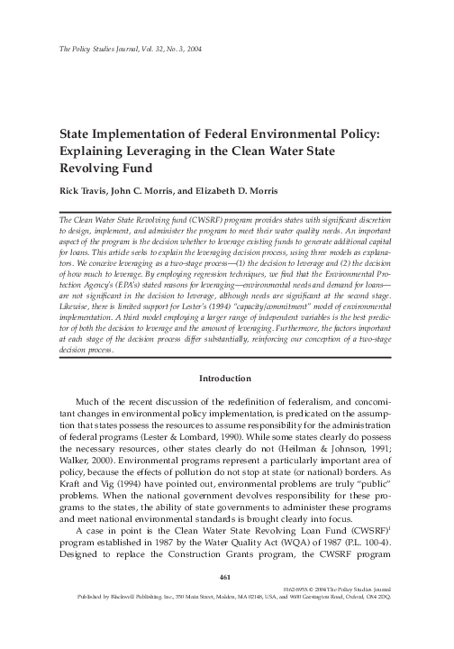 (PDF) State Implementation of Federal Environmental Policy: Explaining ...