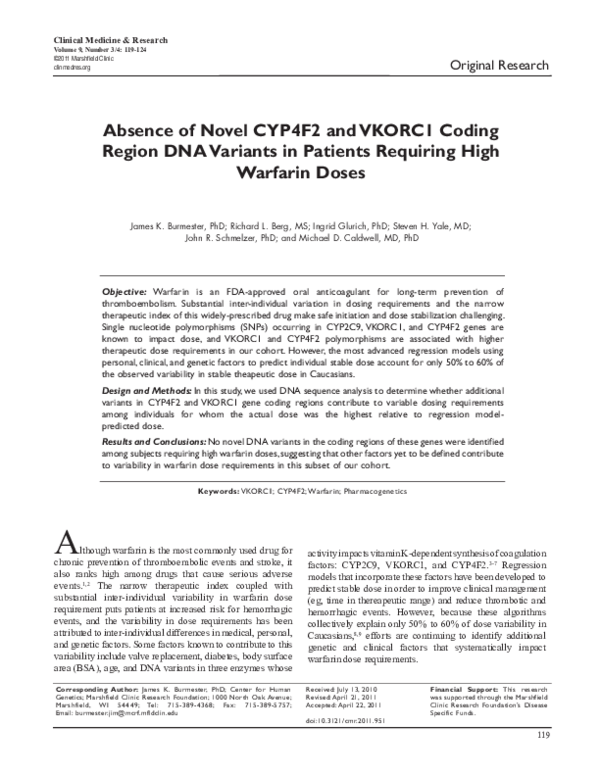 (PDF) Absence of Novel CYP4F2 and VKORC1 Coding Region DNA Variants in ...
