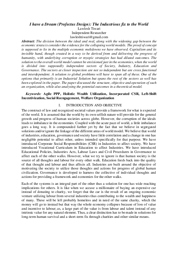 (PDF) I have a Dream (Profectus Design): The Industrious fix to the World