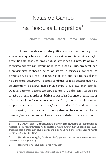 (PDF) Notas de Campo na Pesquisa Etnográfica 1