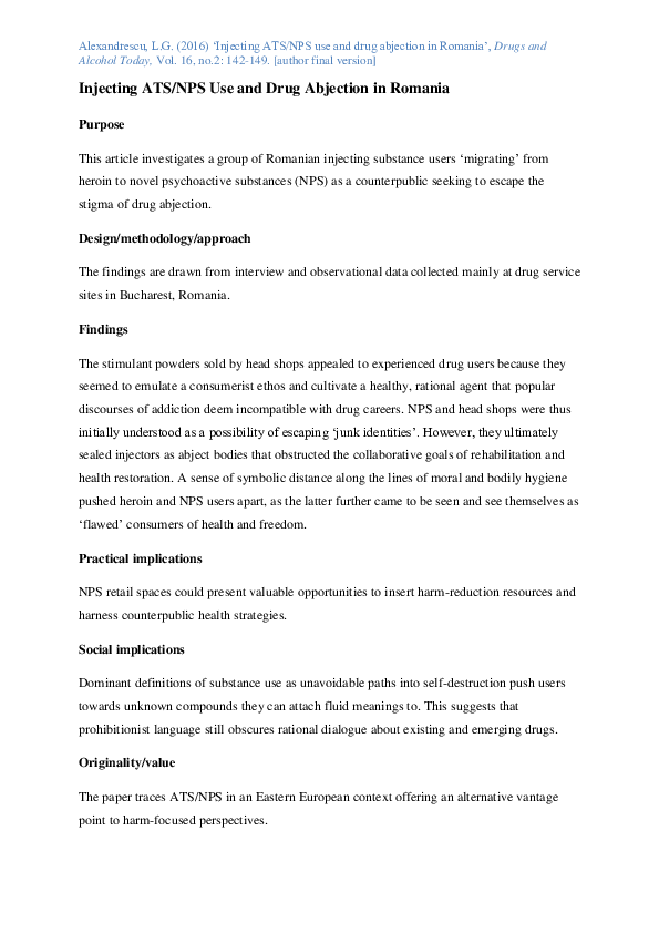 (PDF) Injecting ATS/NPS use and drug abjection in Romania
