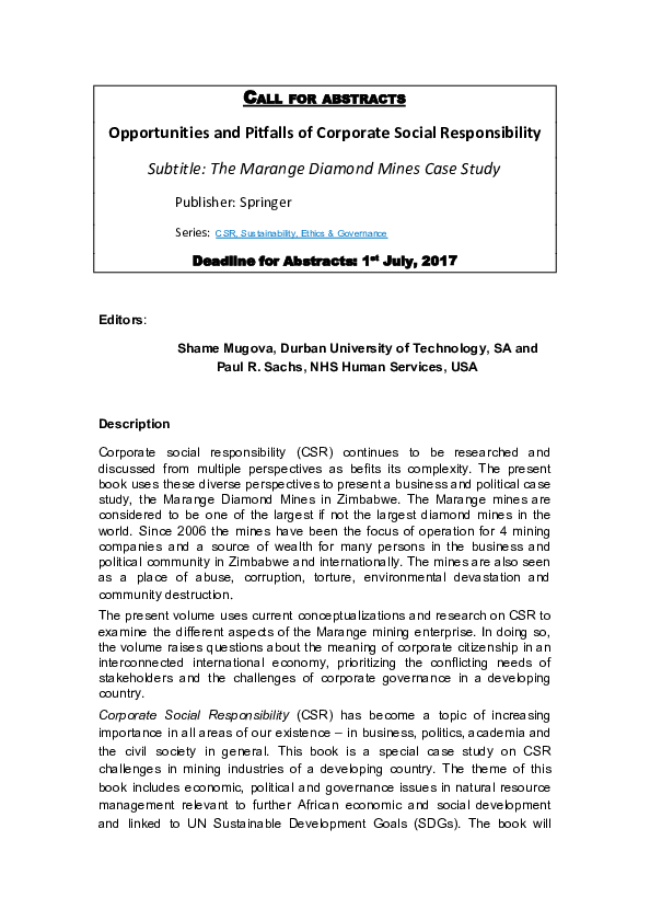 (PDF) CALL FOR ABSTRACTS Opportunities and Pitfalls of Corporate Social ...