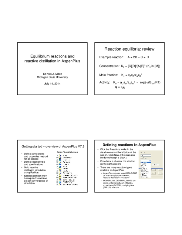 (PDF) Equilibrium reactions and reactive distillation in AspenPlus ...