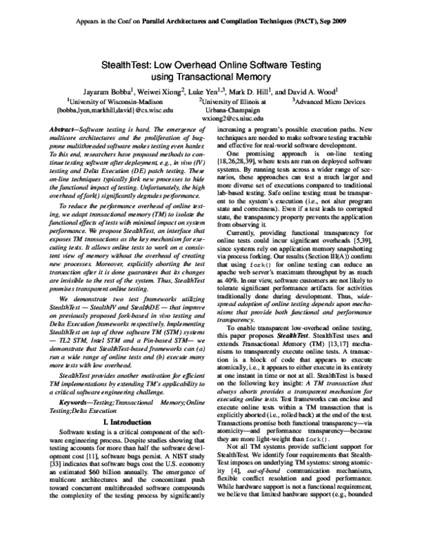 Pdf Stealthtest Low Overhead Online Software Testing Using Transactional Memory