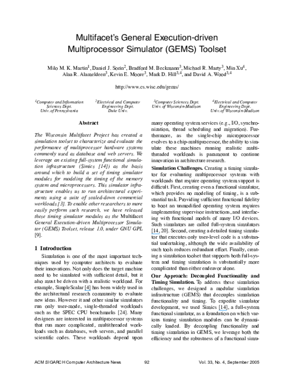 (PDF) Multifacet's general execution-driven multiprocessor simulator (GEMS) toolset | Mark Hill ...