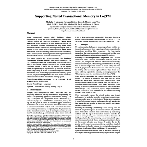 Pdf Supporting Nested Transactional Memory In Logtm