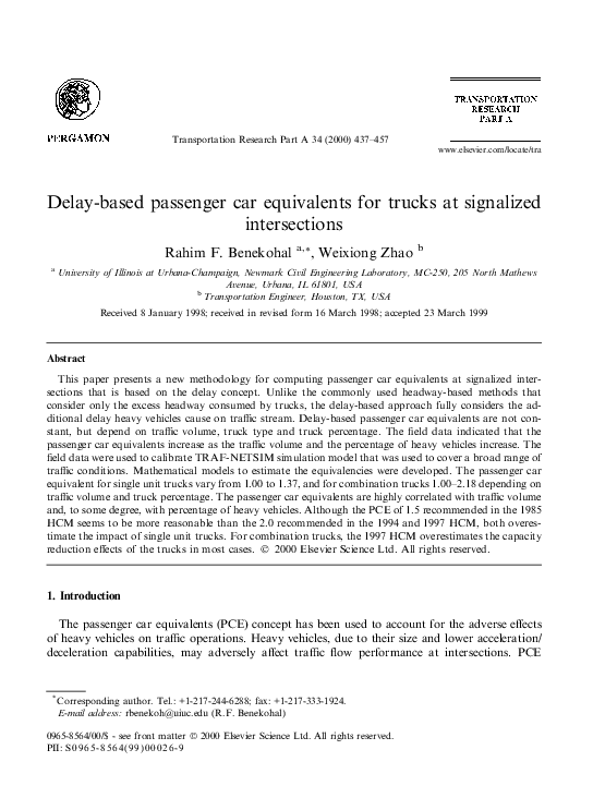 (PDF) Delay-based passenger car equivalents for trucks at signalized intersections