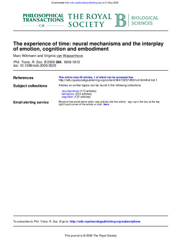 (PDF) The experience of time: neural mechanisms and the interplay of emotion, cognition and ...