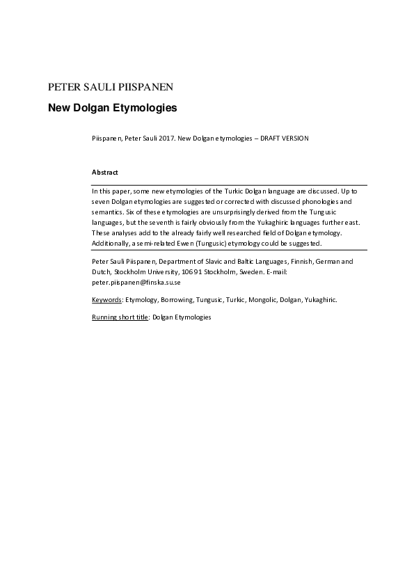 (PDF) New Dolgan Etymologies (Draft paper version)