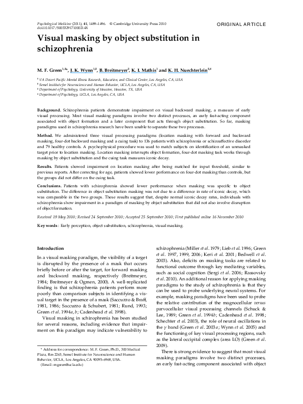 (PDF) Visual masking by object substitution in schizophrenia
