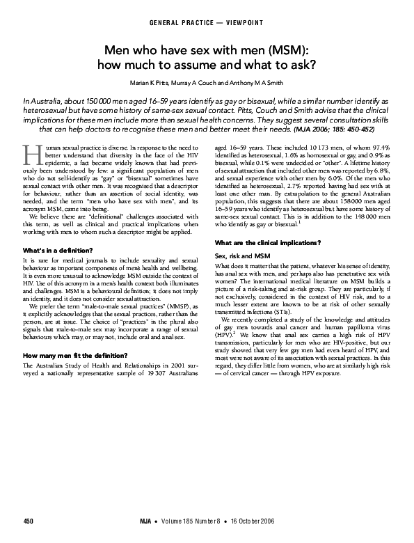 (PDF) Men who have sex with men (MSM): how much to assume and what to ask?