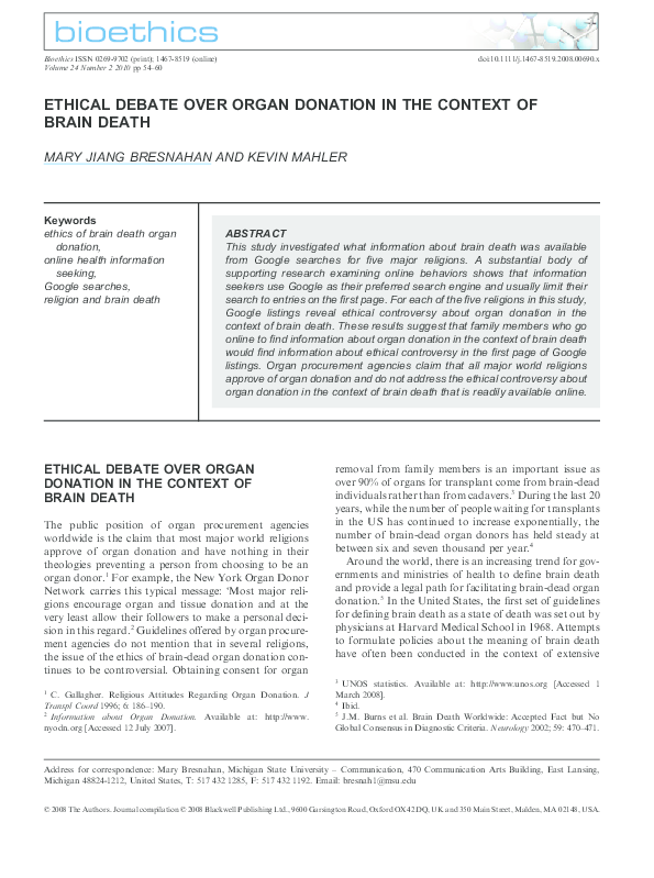 (PDF) Ethical Debate Over Organ Donation in the Context of Brain Death