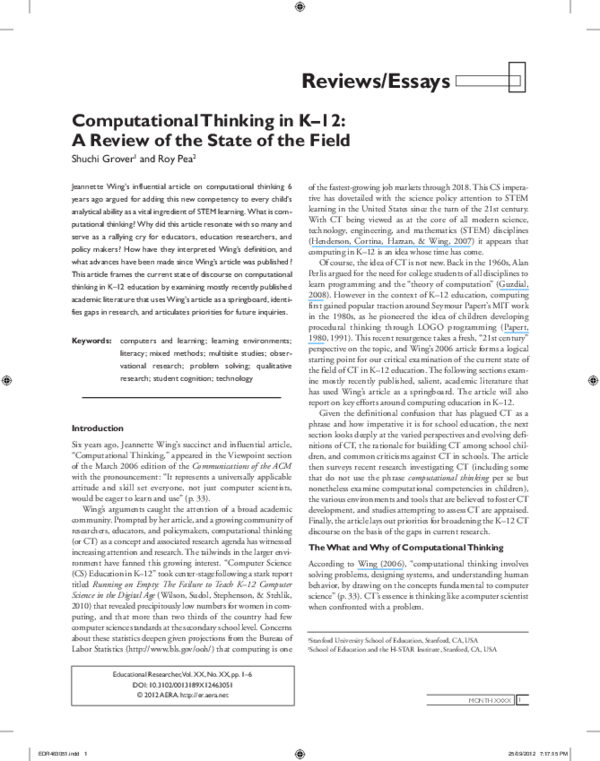 Pdf Computational Thinking In K 12 A Review Of The State Of The Field