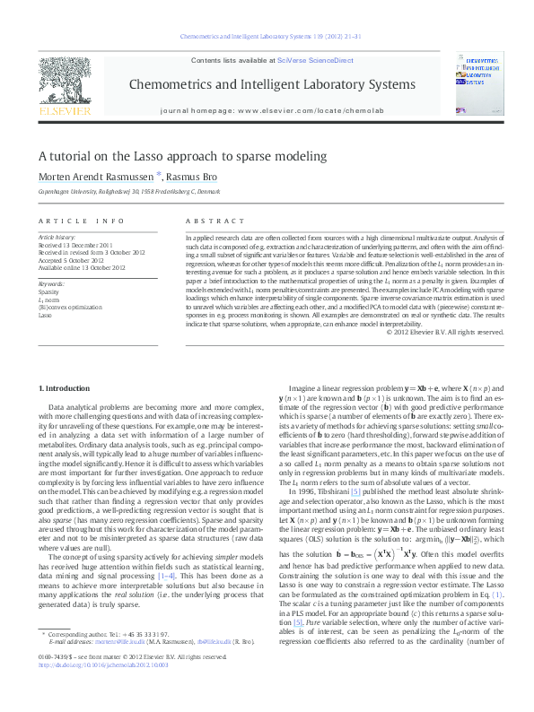 Pdf A Tutorial On The Lasso Approach To Sparse Modeling