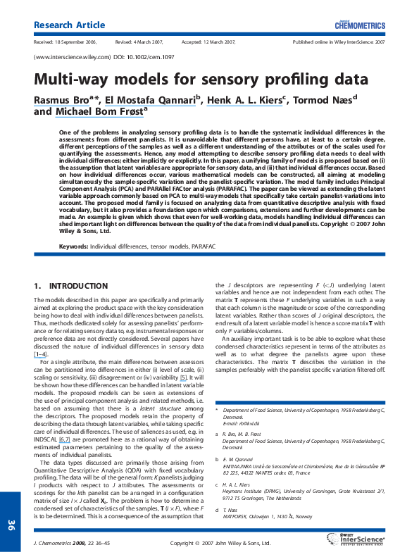 (PDF) Multi-way models for sensory profiling data