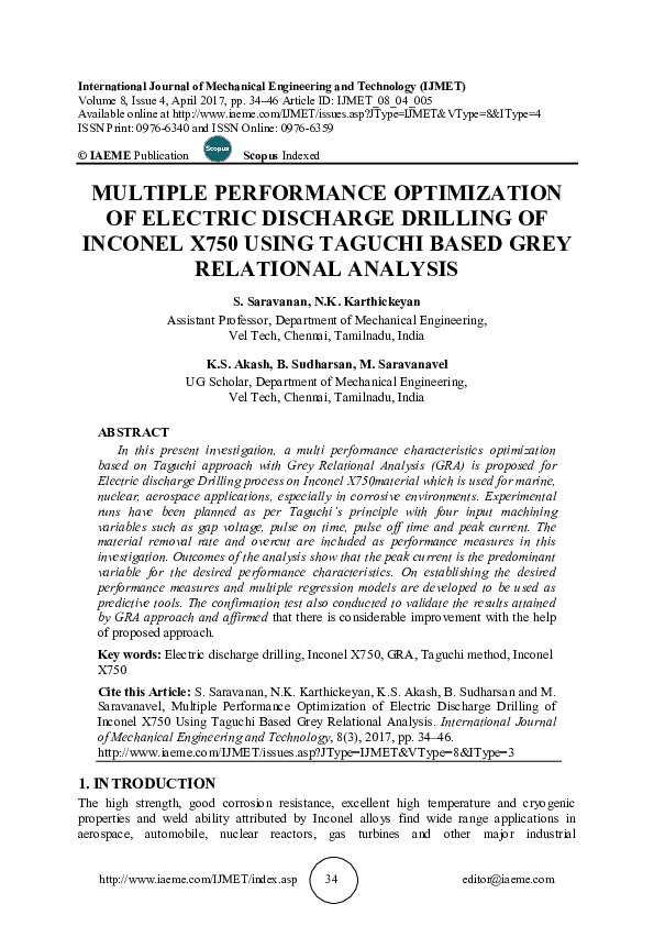 (PDF) MULTIPLE PERFORMANCE OPTIMIZATION OF ELECTRIC DISCHARGE DRILLING OF INCONEL X750 USING ...