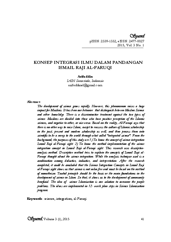 (PDF) KONSEP INTEGRASI ILMU DALAM PANDANGAN ISMAIL RAJI AL-FARUQI