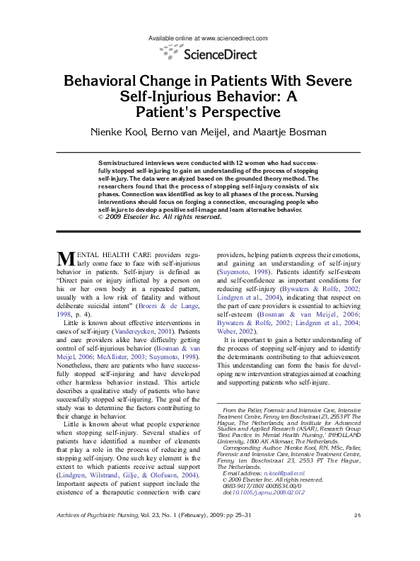 (PDF) Behavioral Change in Patients With Severe Self-Injurious Behavior ...