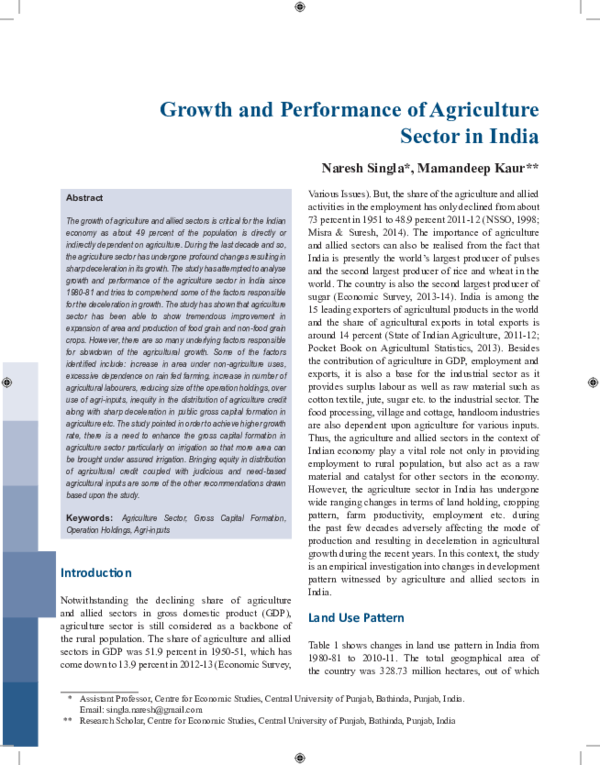 (PDF) Growth and Performance of Agriculture Sector in India ...