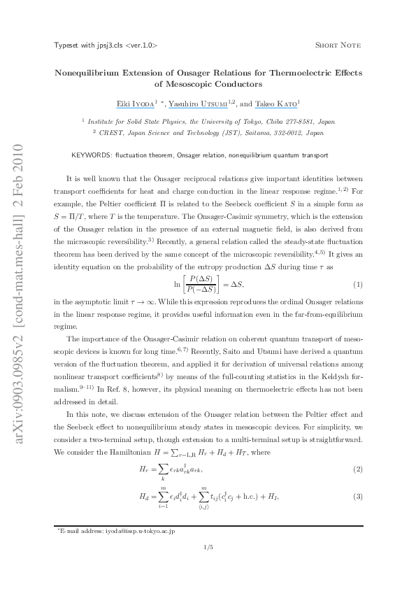 (PDF) Nonequilibrium Extension of Onsager Relations for Thermoelectric Effects in Mesoscopic ...