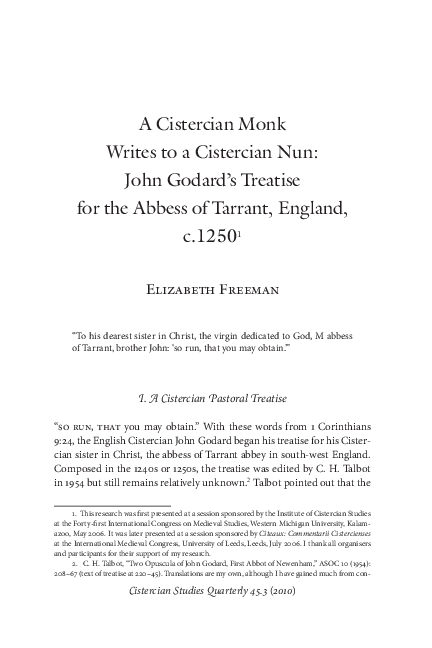 (PDF) Elizabeth Freeman, "A Cistercian Monk Writes to a Cistercian Nun ...