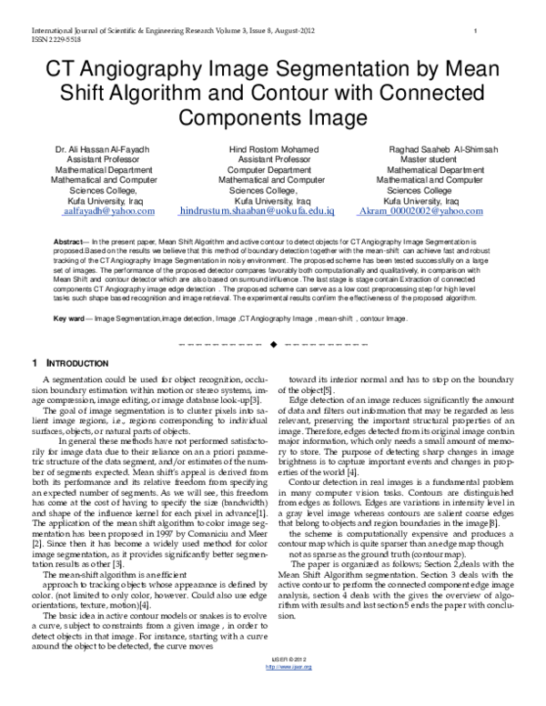 Pdf Ct Angiography Image Segmentation By Mean Shift Algorithm And Contour With Connected
