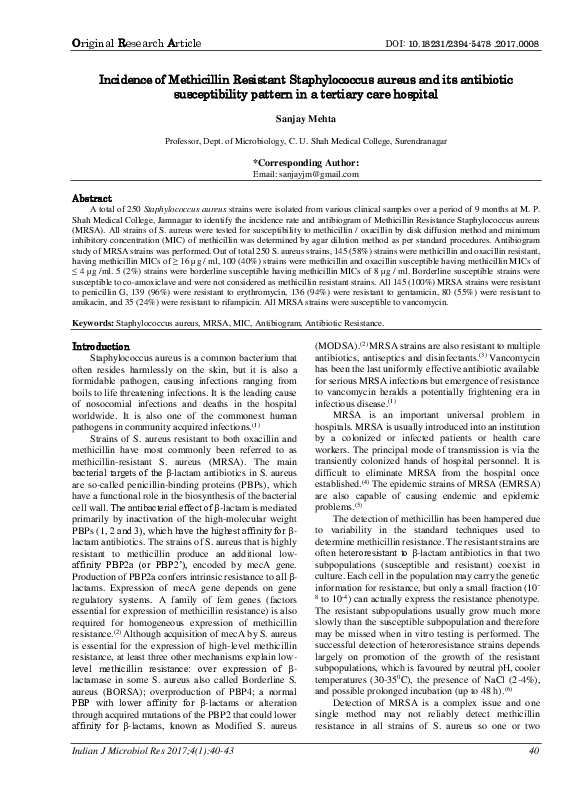 (PDF) Incidence of Methicillin Resistant Staphylococcus aureus and its antibiotic susceptibility ...