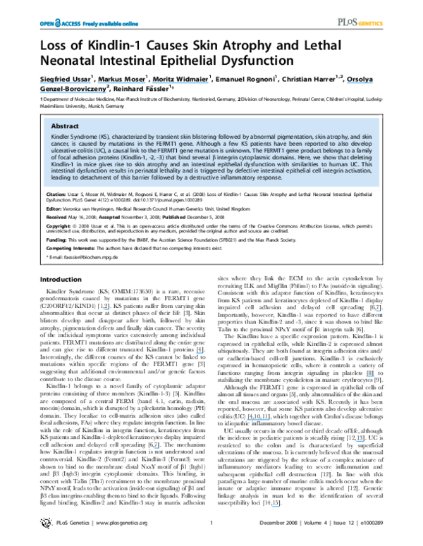 (PDF) Loss of Kindlin-1 causes skin atrophy and lethal neonatal ...