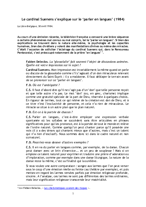 (PDF) Le cardinal Suenens s'explique sur le 'parler en langues' (1984)