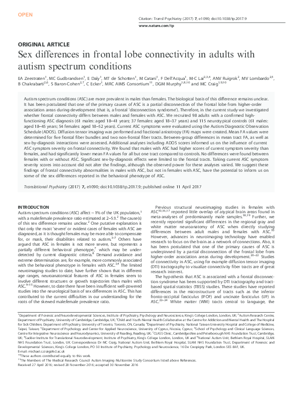 Pdf Sex Differences In Frontal Lobe Connectivity In Adults With