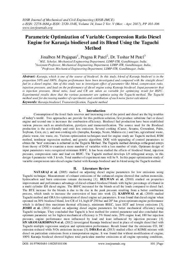 (PDF) Parametric Optimization of Variable Compression Ratio Diesel Engine for Karanja biodiesel ...