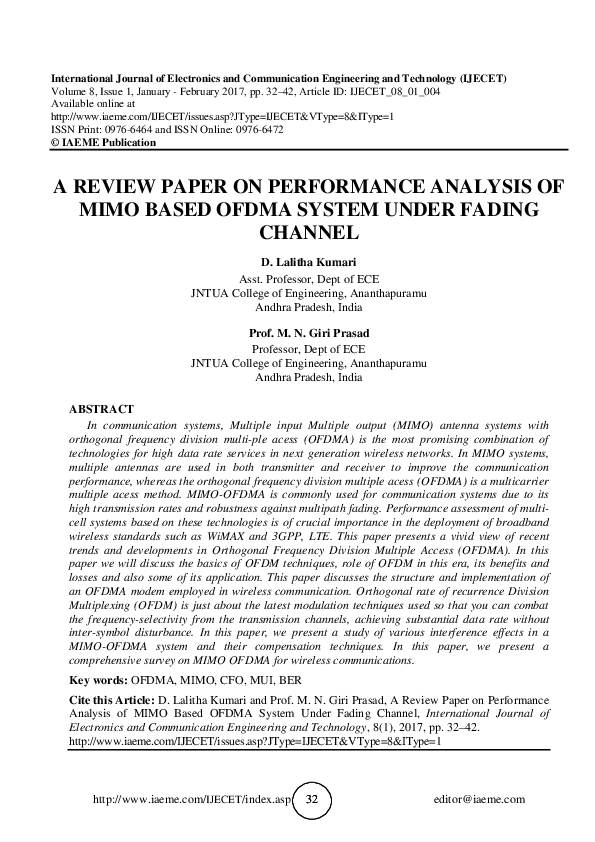 (PDF) A REVIEW PAPER ON PERFORMANCE ANALYSIS OF MIMO BASED OFDMA SYSTEM UNDER FADING CHANNEL