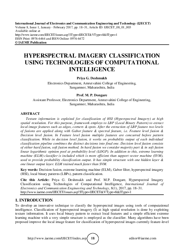 Pdf Hyperspectral Imagery Classification Using Technologies Of Computational Intelligence