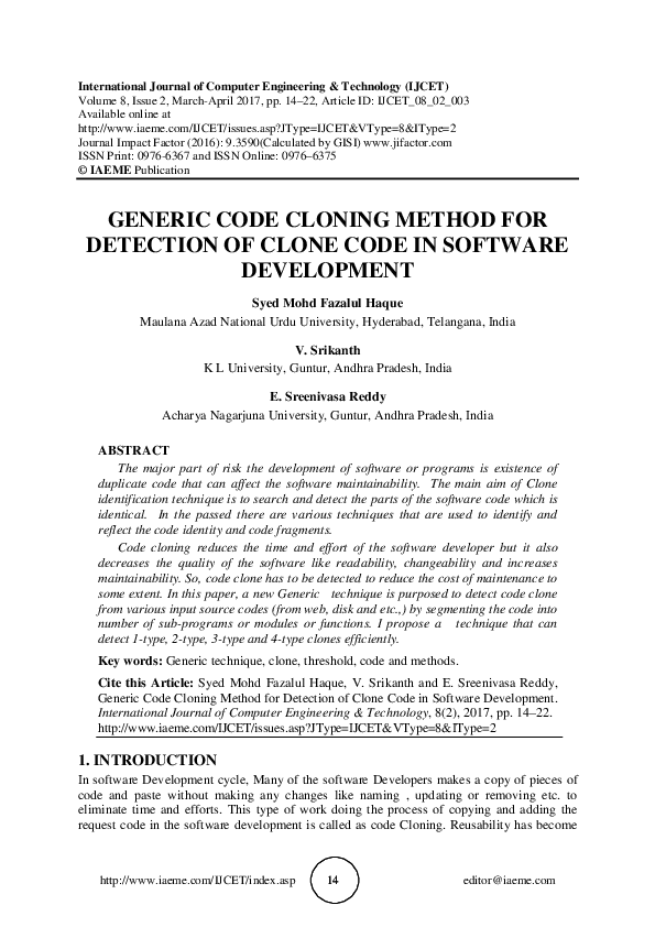 Pdf Generic Code Cloning Method For Detection Of Clone Code In