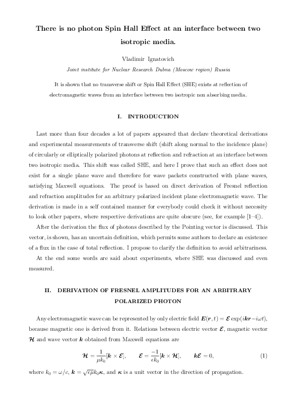 (PDF) There is no photon Spin Hall Effect at an interface between two isotropic media