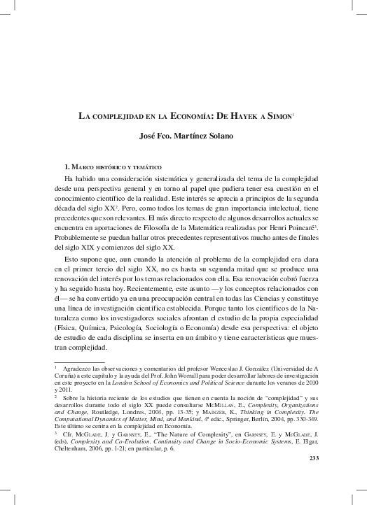 (PDF) La complejidad en la Economía: De Hayek a Simon