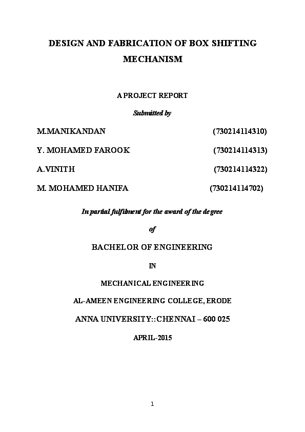 (DOC) DESIGN AND FABRICATION OF BOX SHIFTING MECHANISM A PROJECT REPORT ...