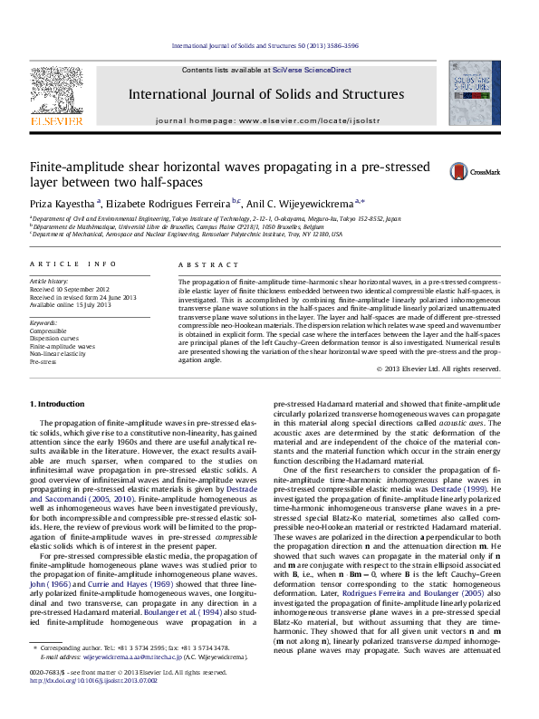 Pdf Finite Amplitude Shear Horizontal Waves Propagating In A Pre
