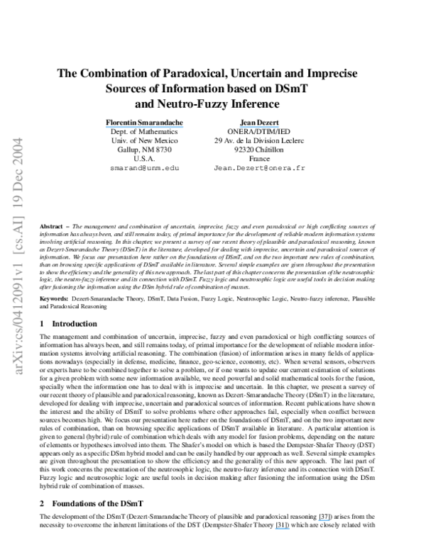 (PDF) The Combination of Paradoxical, Uncertain and Imprecise Sources of Information based on ...