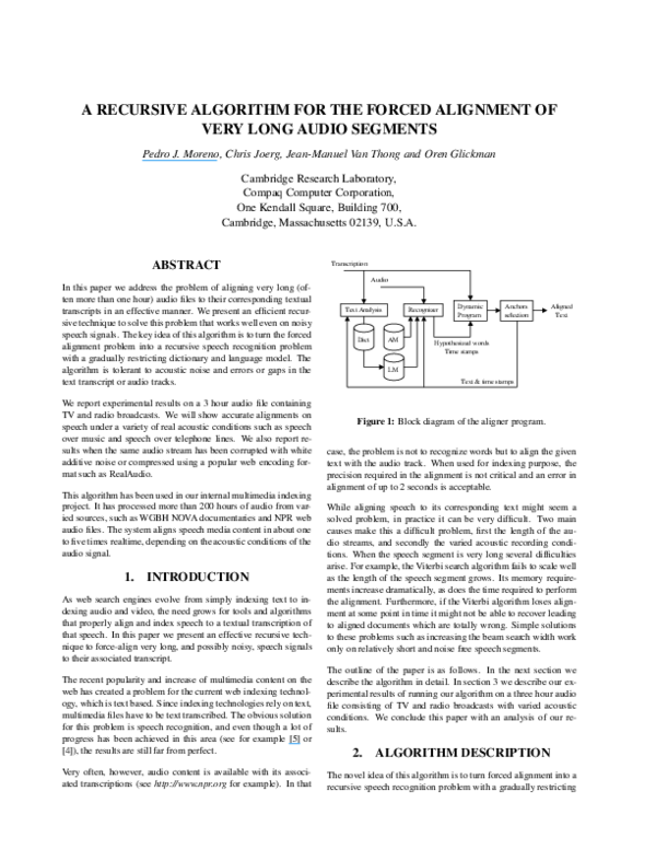 Pdf A Recursive Algorithm For The Forced Alignment Of Very Long Audio