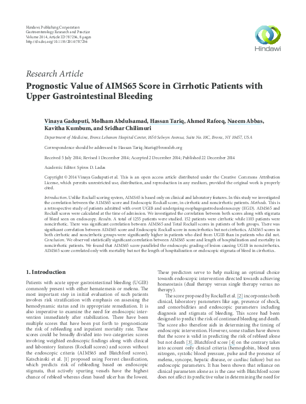 (PDF) Prognostic Value of AIMS65 Score in Cirrhotic Patients with Upper ...