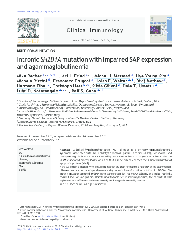 (PDF) Intronic SH2D1A mutation with impaired SAP expression and ...