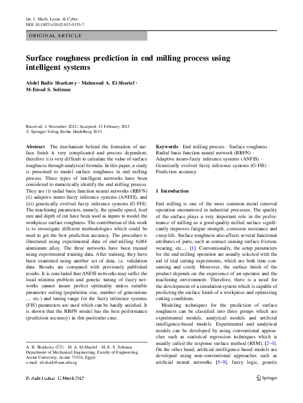 Pdf Surface Roughness Prediction In End Milling Process Using Intelligent Systems Mahmoud A