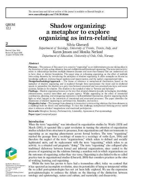 (PDF) Shadow organizing: a metaphor to explore organizing as intra-relating